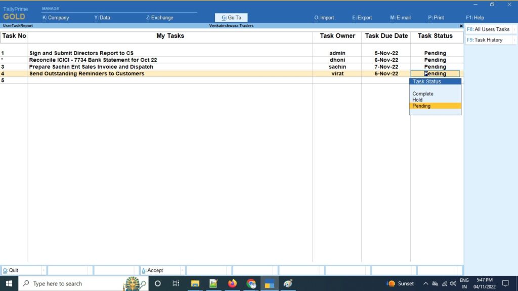 TDL for Task Manager in Tally or Task Reminder in Tally