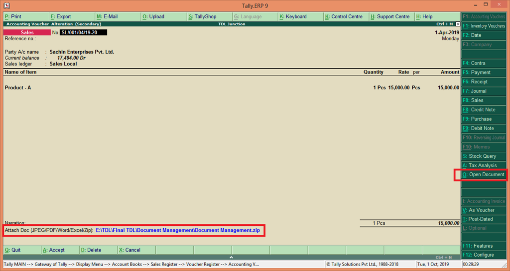 TDL for Document Management in Tally (Single Attachment) | TDLStore.in