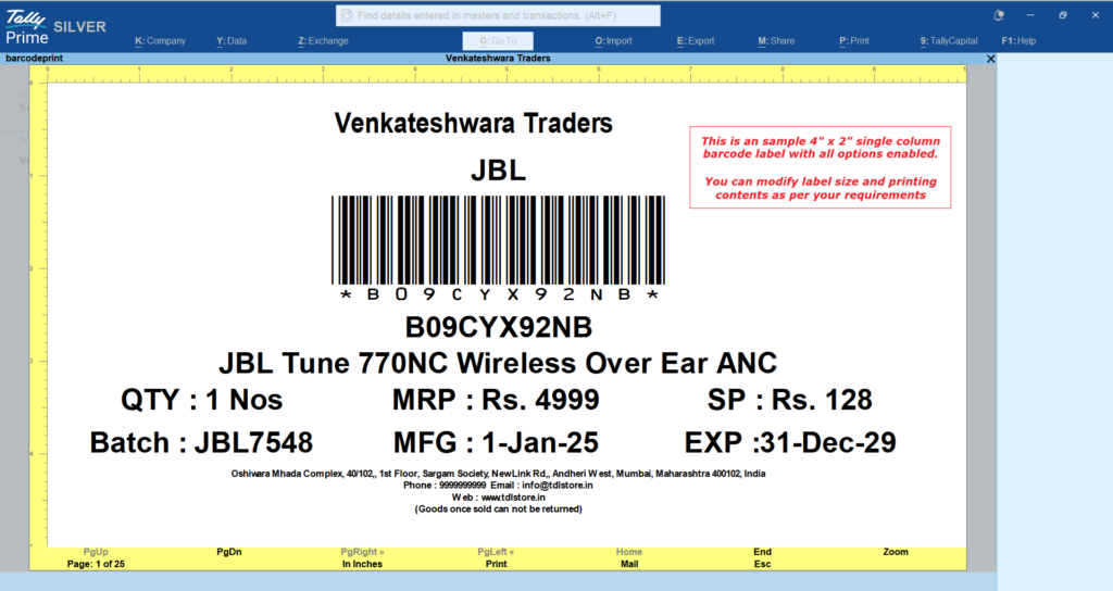 TDL for Barcode Label Printing in TallyPrime | Download Free Trial